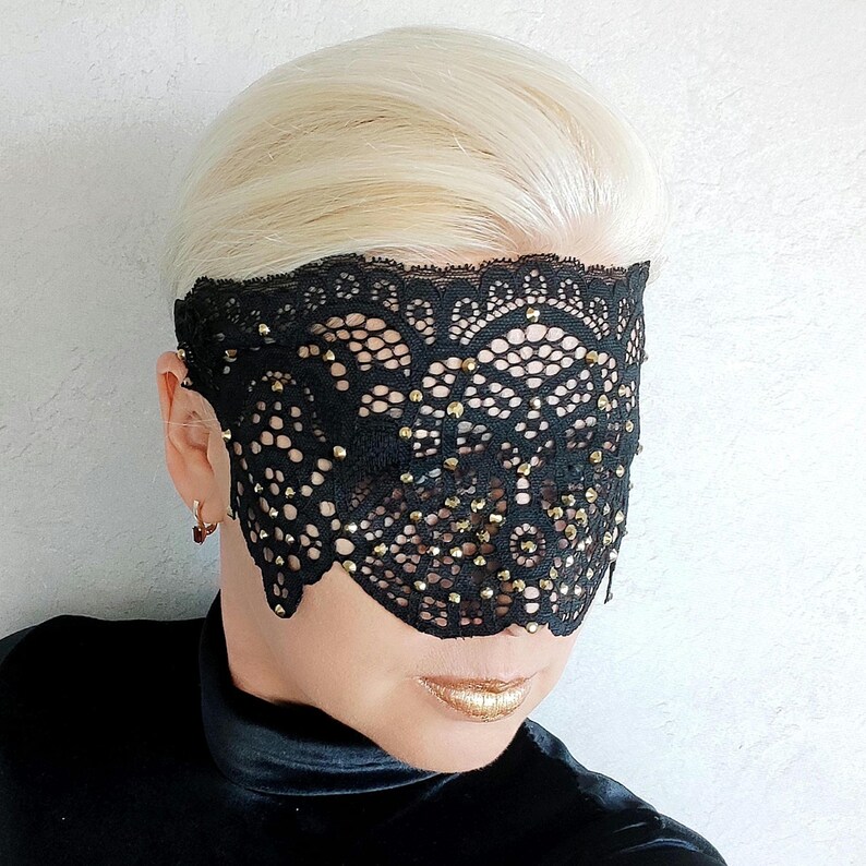 Black Lace Eye Mask With Gold Rhinestones, Half Face Mask, Lase ...