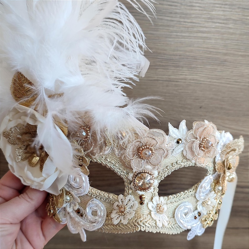 White Feather Masquerade Mask, Gold Venetian Mardi Gras Luxury Lace ...