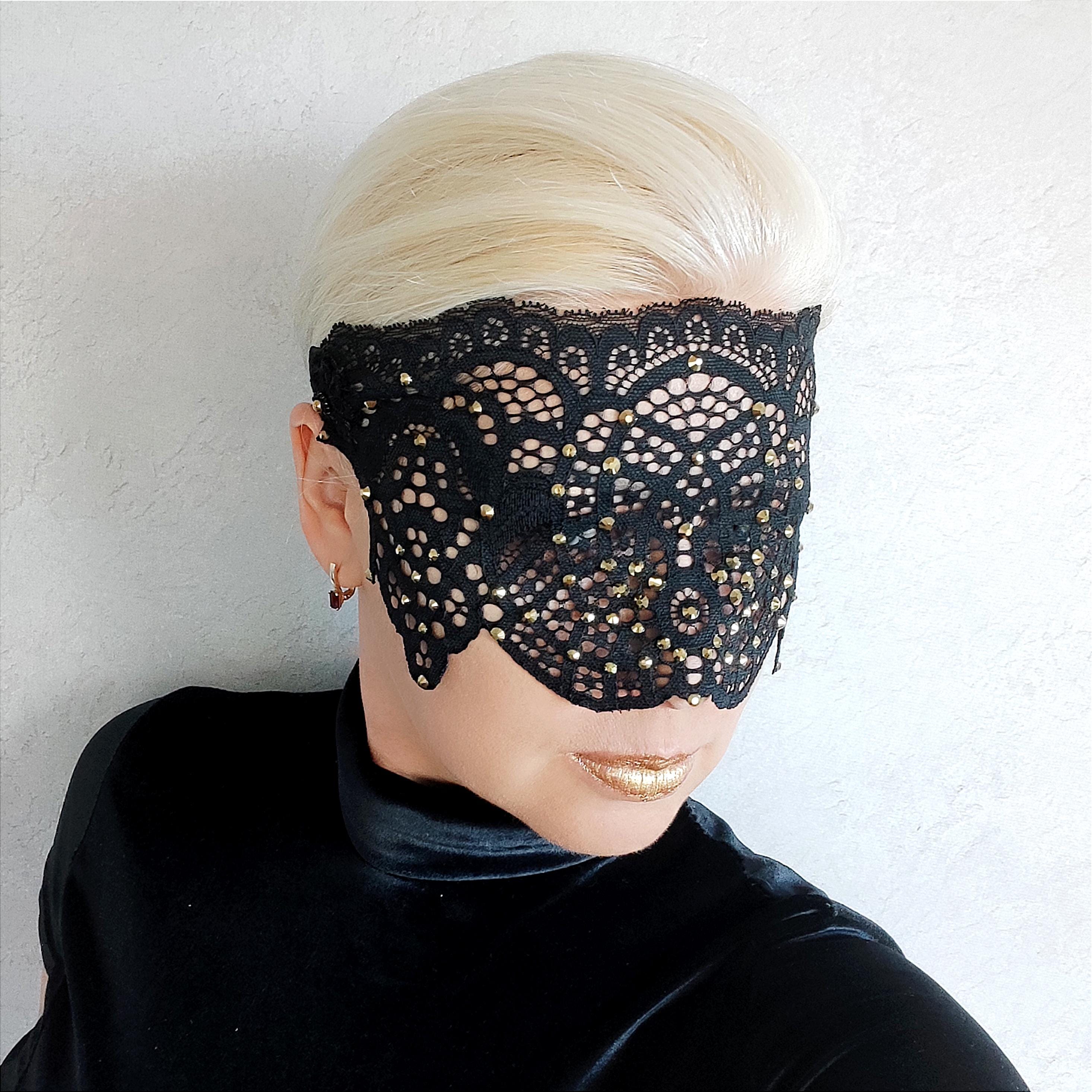 Black Lace Eye Mask With Gold Rhinestones, Half Face Mask, Lase ...