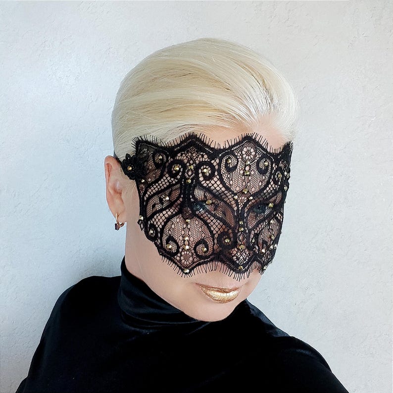 Black Lace Masquerade Mask With Gold Rhinestones, Half Face Mask, See ...