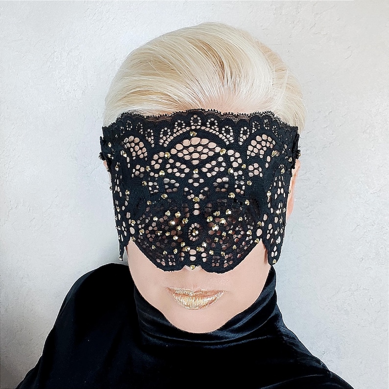 Black Lace Eye Mask With Gold Rhinestones, Half Face Mask, Lase ...