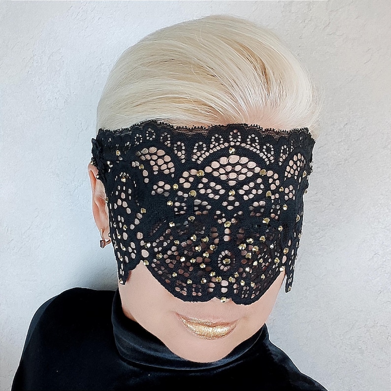 Black Lace Eye Mask With Gold Rhinestones, Half Face Mask, Lase ...