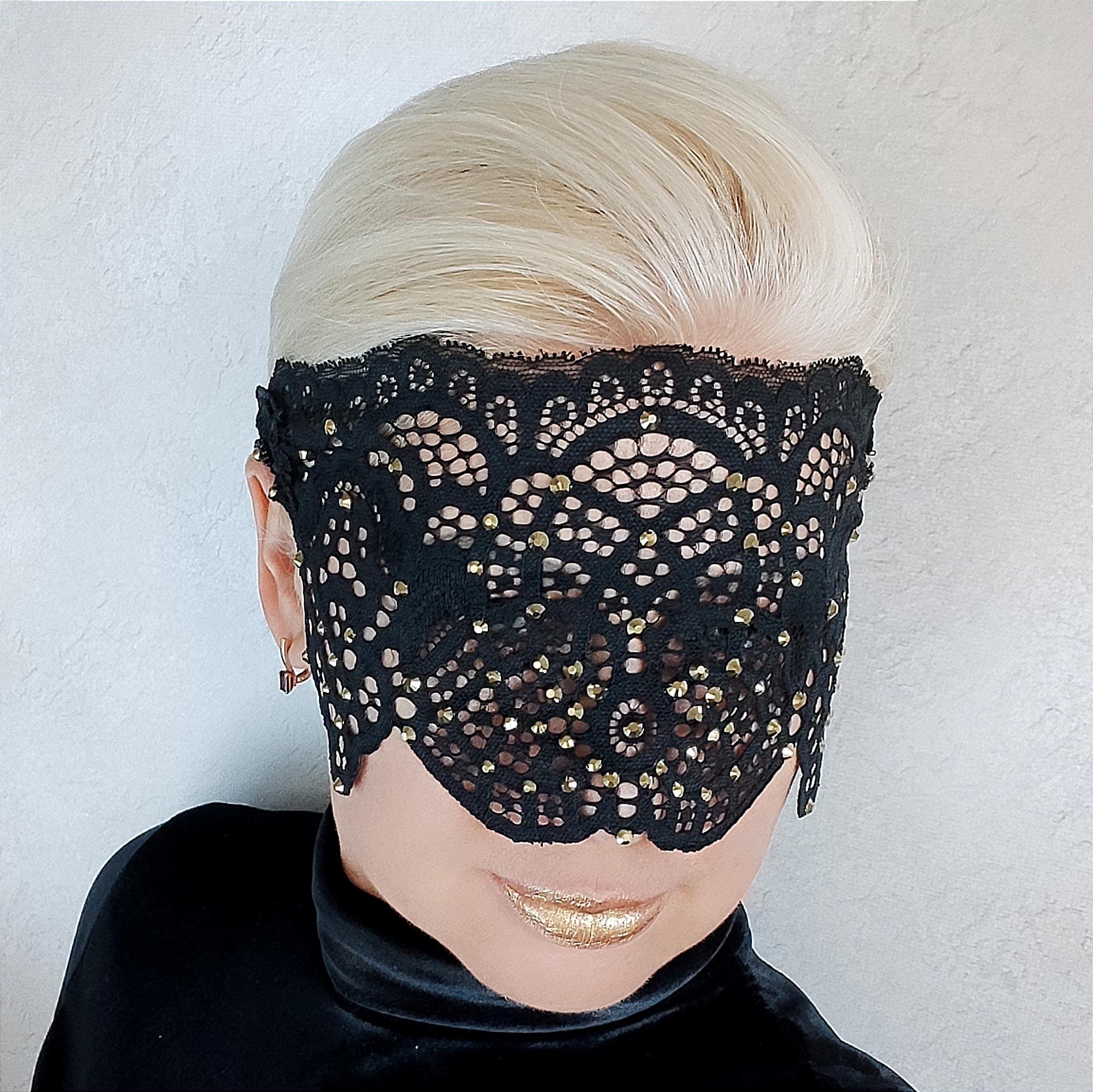 Black Lace Eye Mask With Gold Rhinestones, Half Face Mask, Lase ...