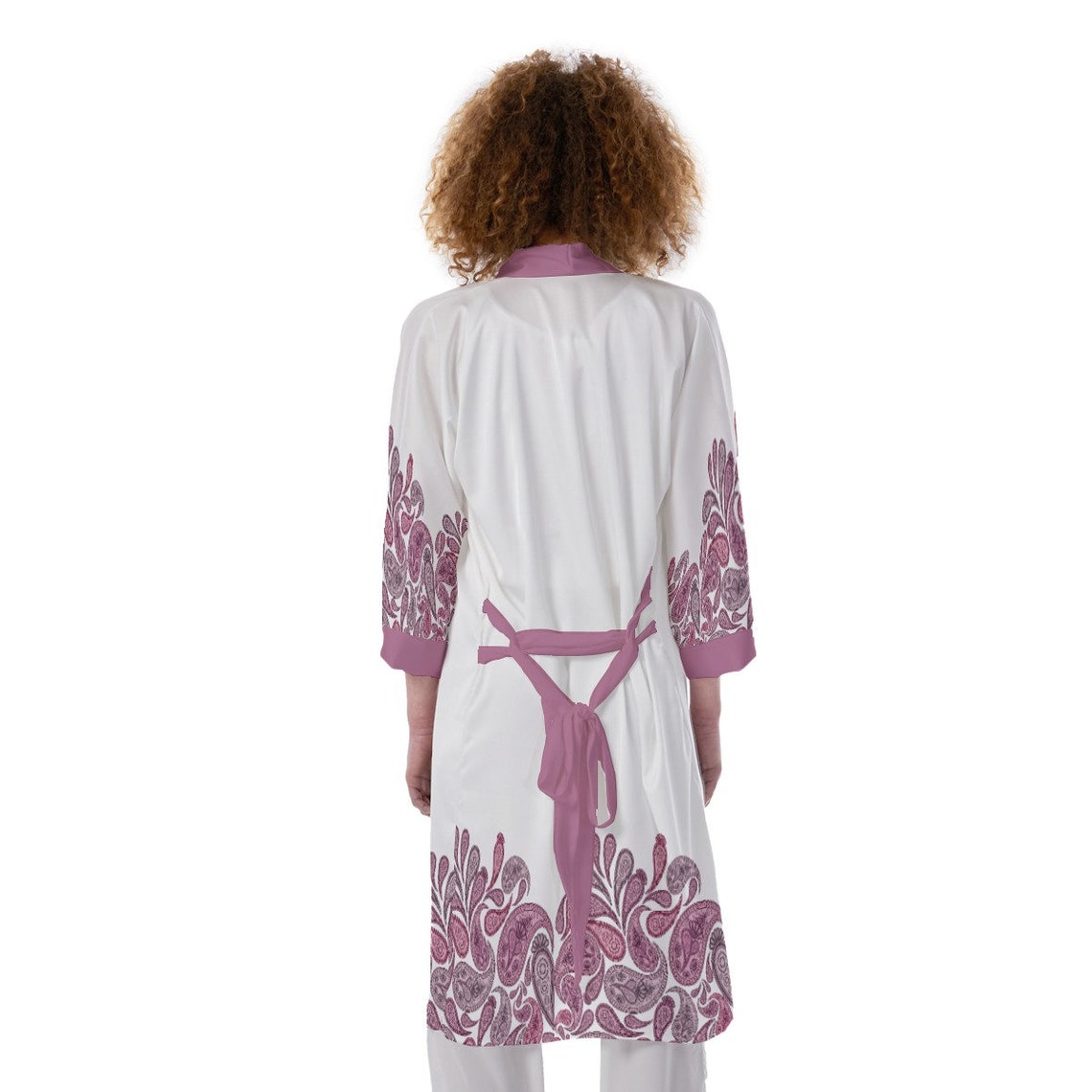 Knee Length White Satin Kimono Robe With Blush Berry Pink Paisley ...