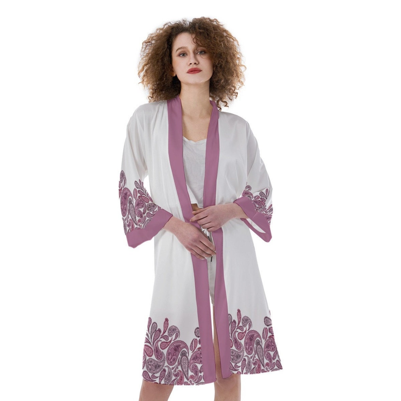 Knee Length White Satin Kimono Robe With Blush Berry Pink Paisley ...