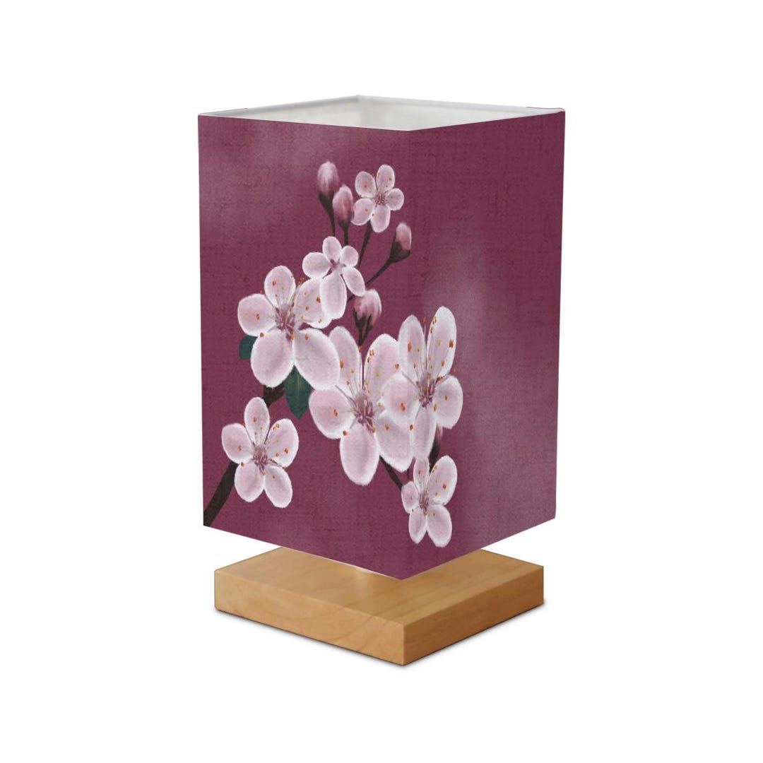 Cherry Blossom Table Lamp With Wooden Base and Square Lamp Shade, USB ...