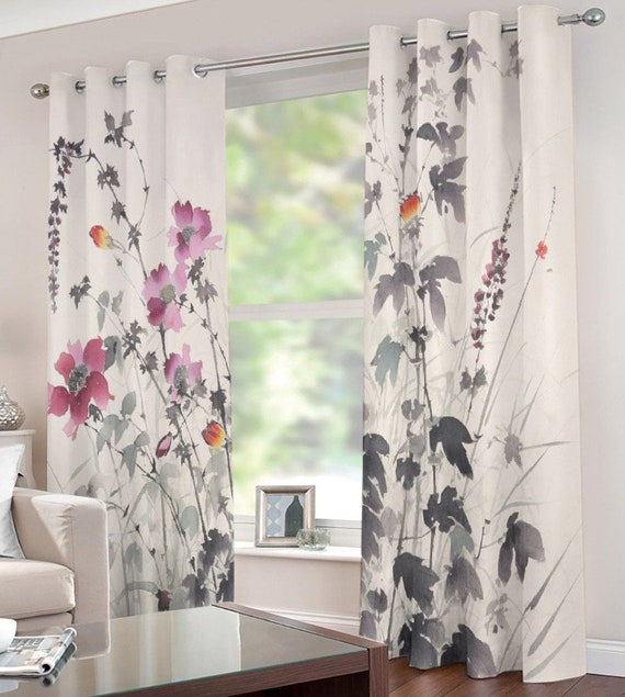 Two Piece Set Curtains Boho White Wildflower W Grommets Ready to Hang large Size Etsy UK