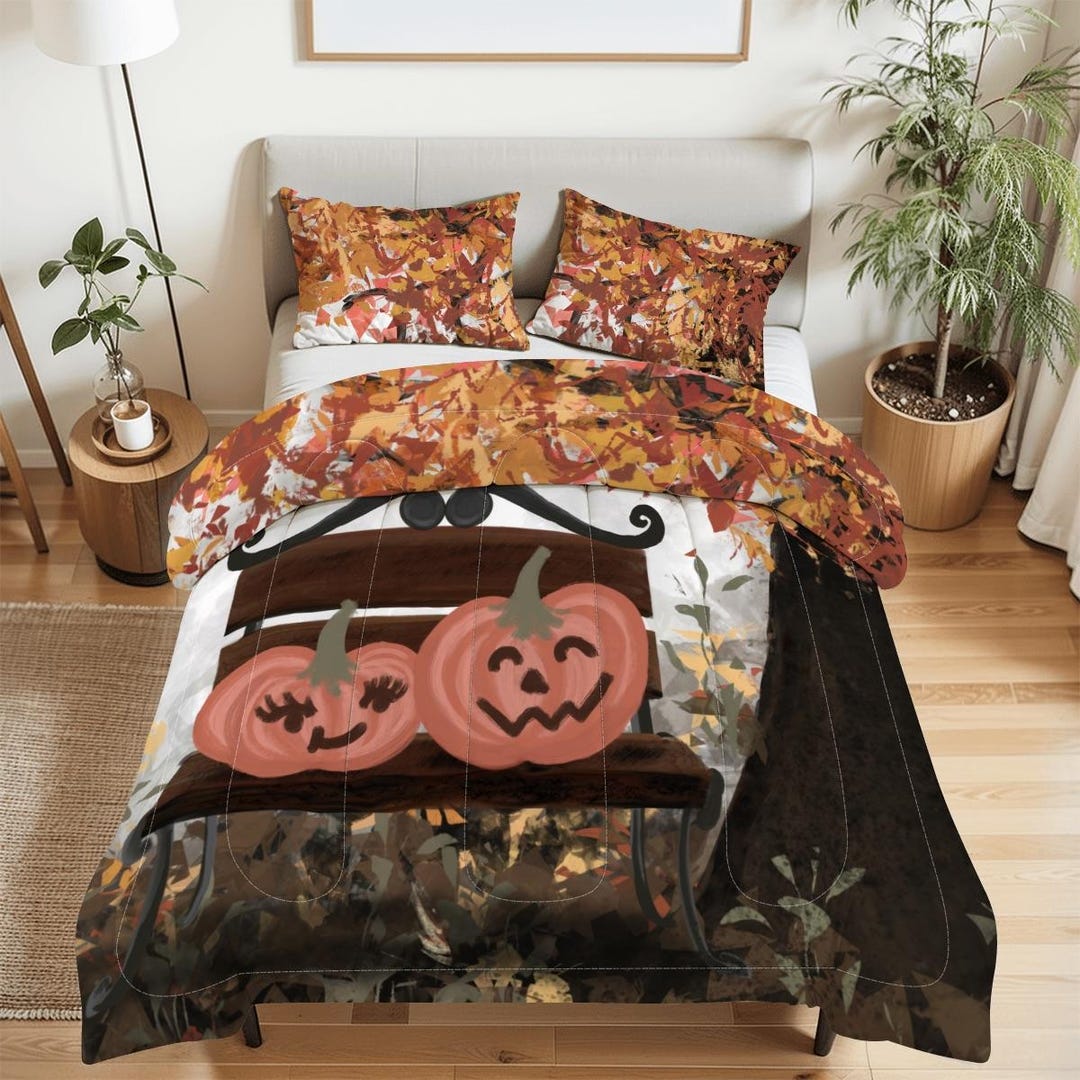 Autumn Pumpkin Comforter Set: Illustrated Microfiber Quilt - Fall ...