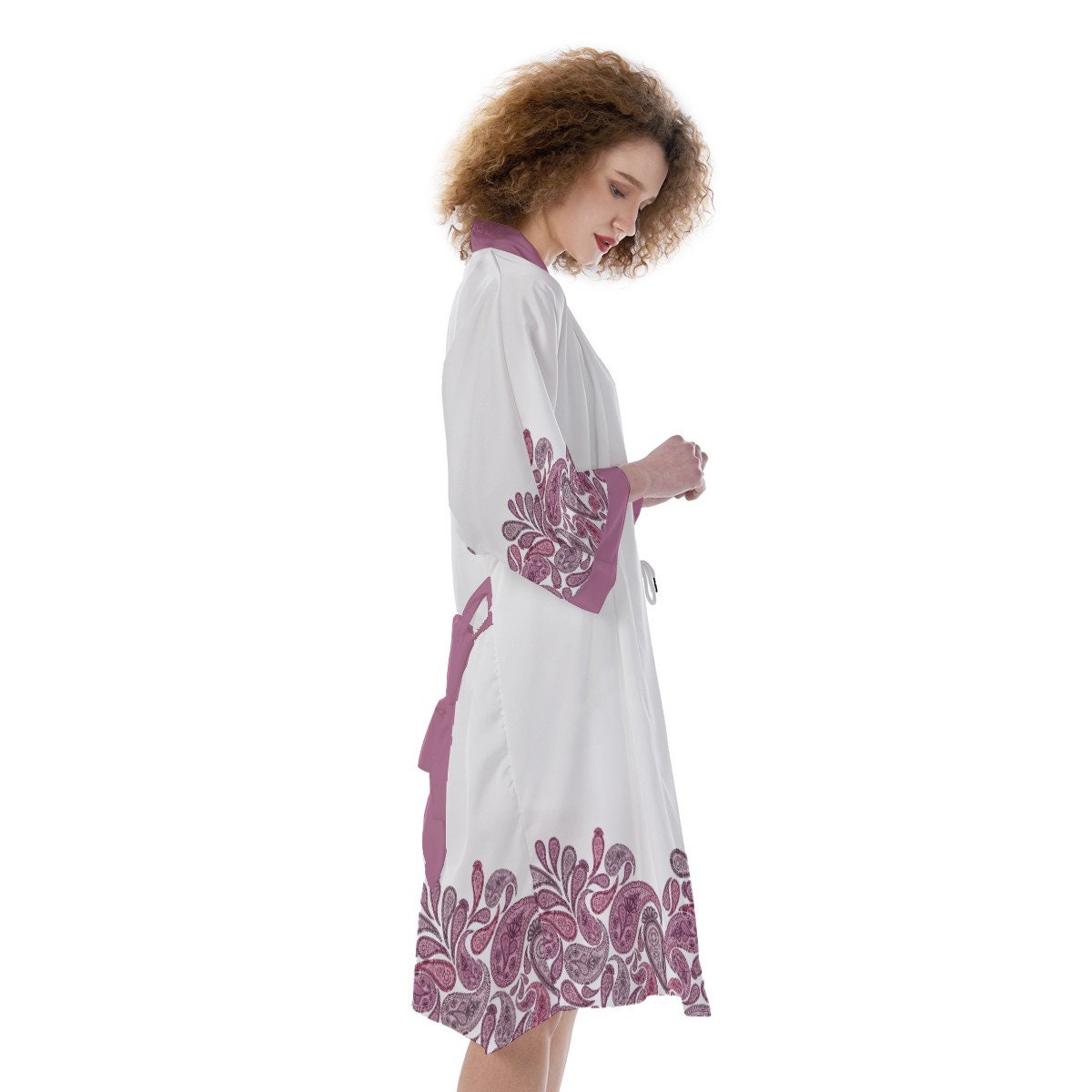 Knee Length White Satin Kimono Robe With Blush Berry Pink Paisley ...