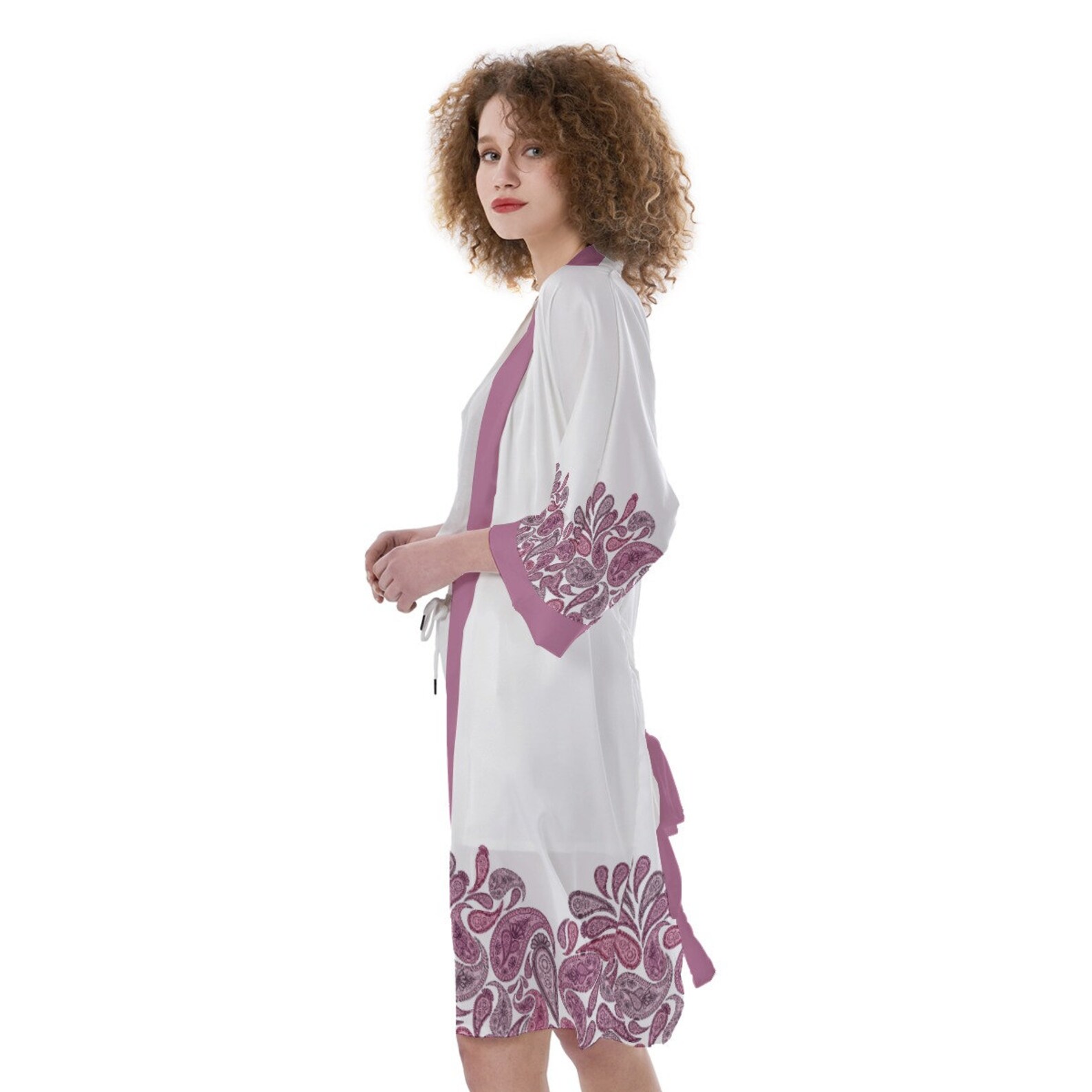 Knee Length White Satin Kimono Robe With Blush Berry Pink Paisley ...