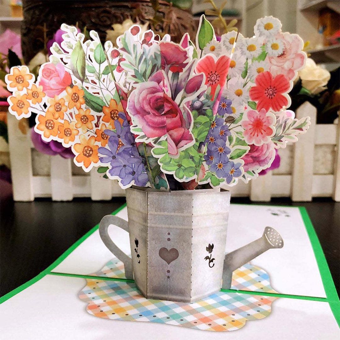 3D Pop-up Watering Can Bouquet Greeting Card – Unique Floral Gift for ...