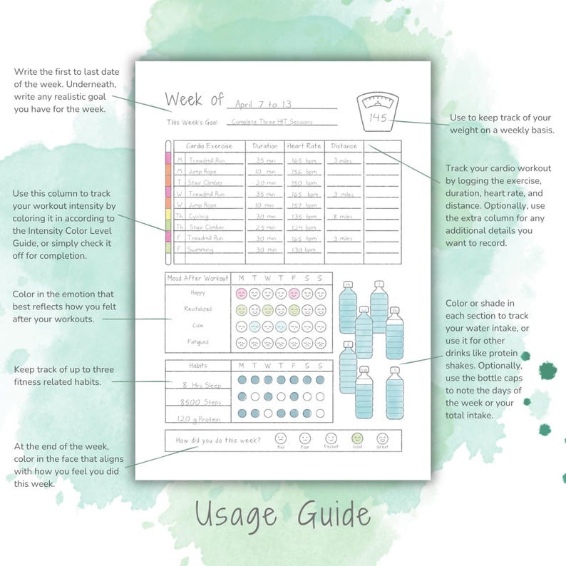 Weekly Cardio Workout Log Printable Sheet | A5, A4, Letter | Colorable ...