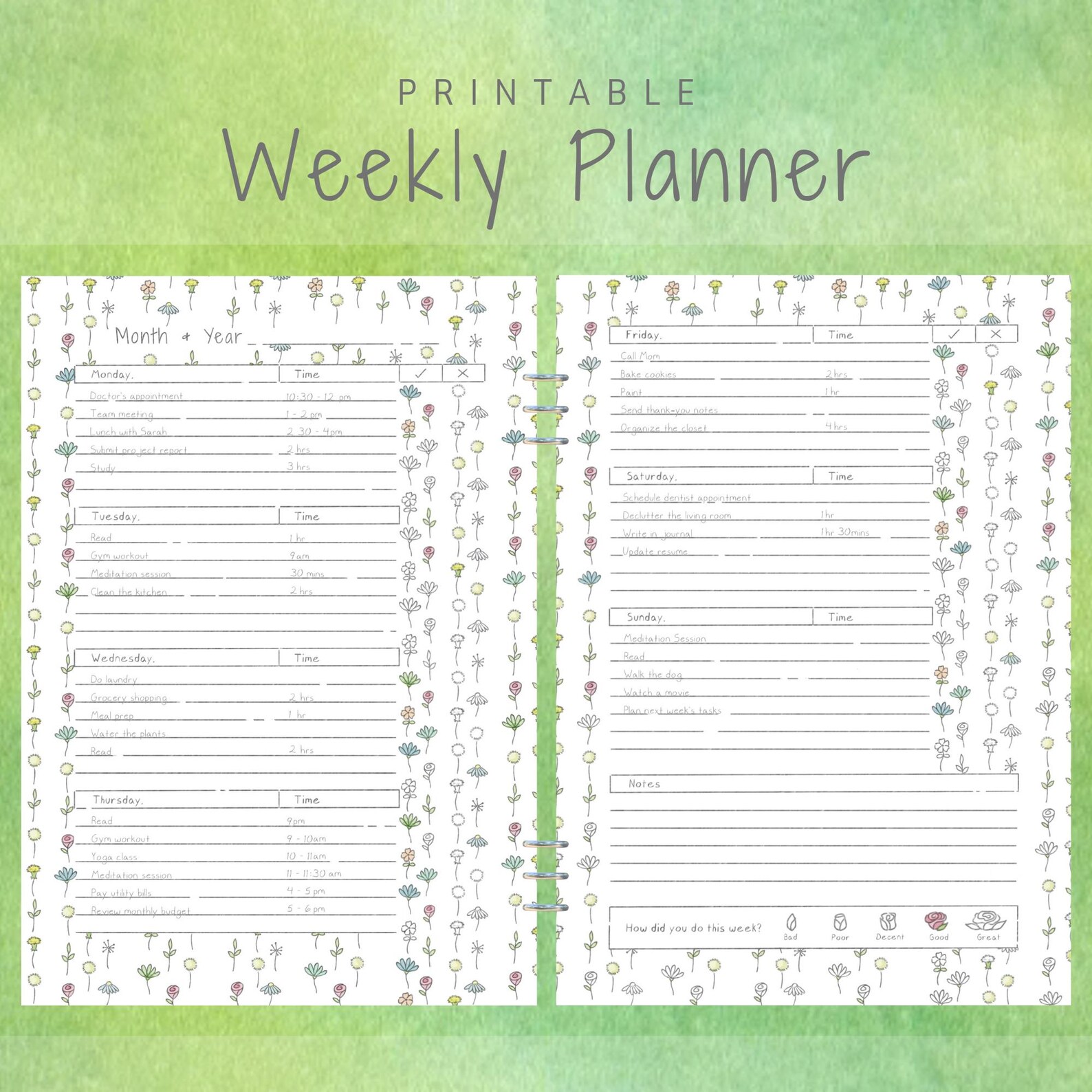 Cute Cottagecore Checklist Planner Undated Weekly Floral Aesthetic ...