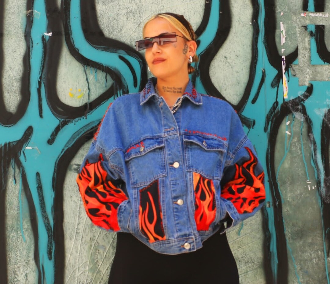 “danger Fire” DENIM JACKET, Custom Jacket, Fire Jacket, Vintage Reworks ...
