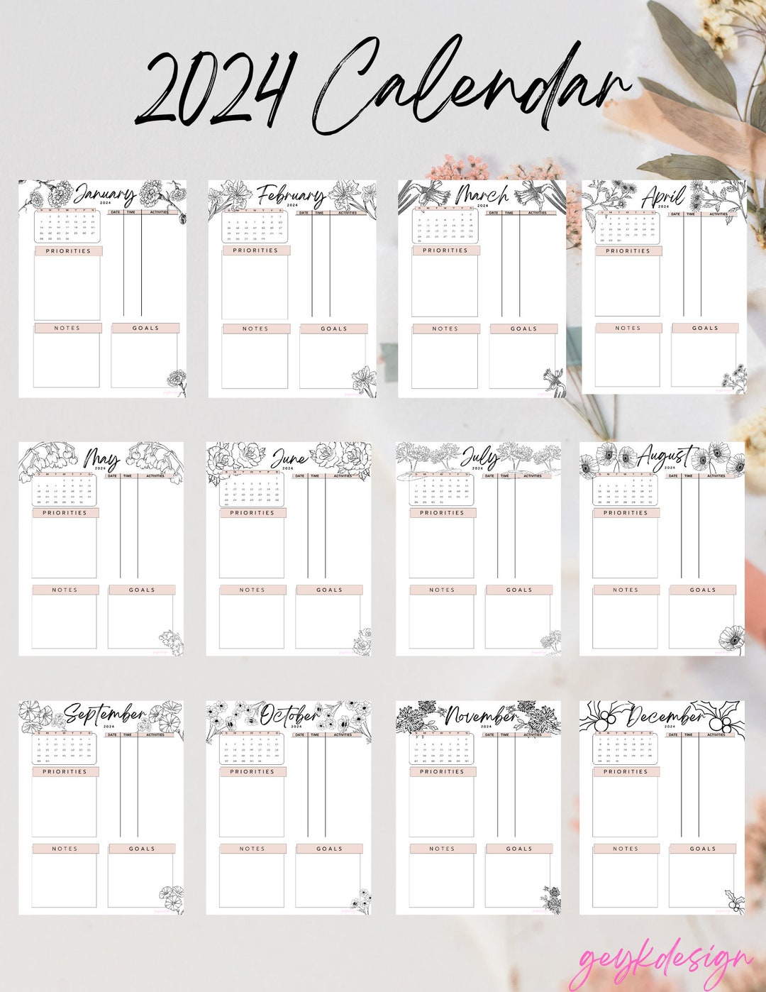 2024 Flower Month Calendar, Printable 12 Month Calendar, Editable 12 ...