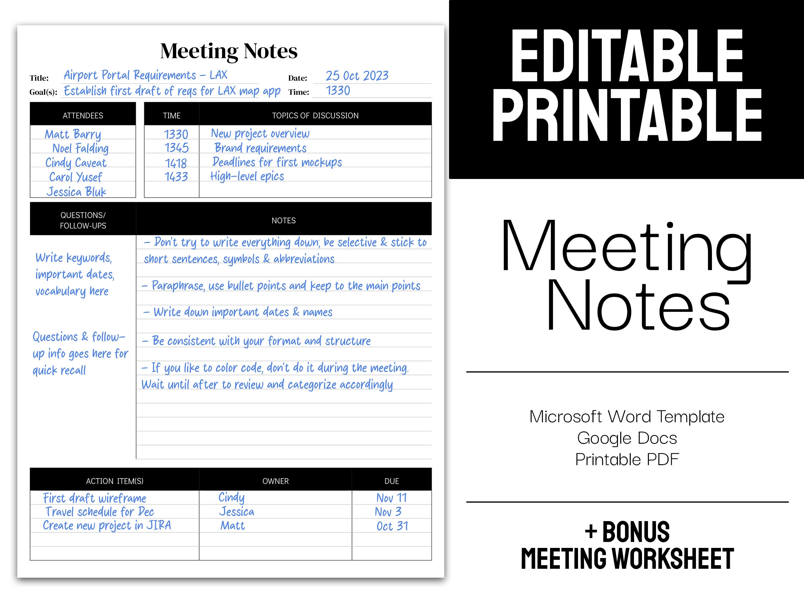 Meeting Notes Template, Meeting Minutes Template, Meeting Document ...