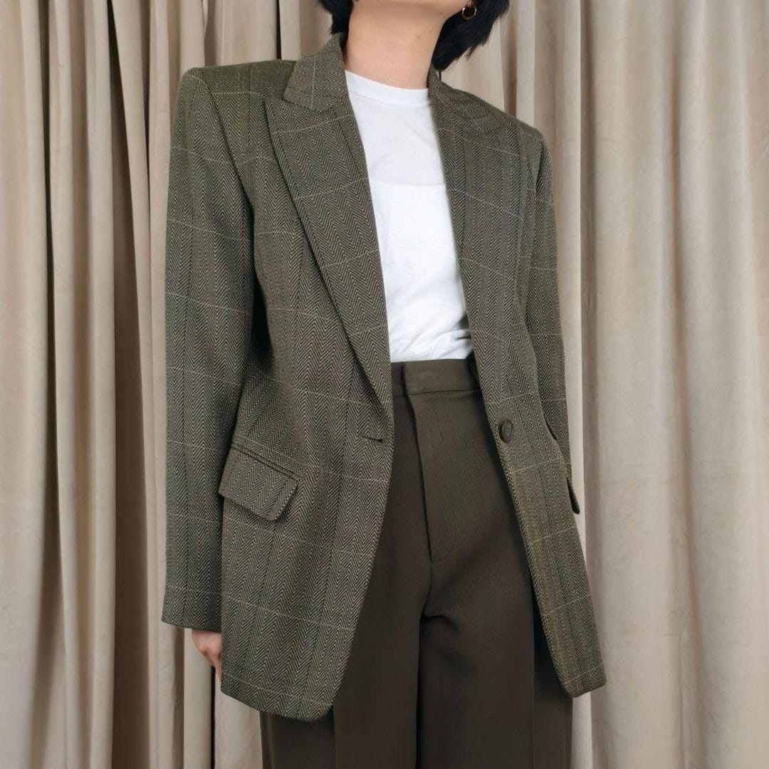 Vintage Wool Ellen Tracy Green Herringbone and Plaid Wool Blazer - Etsy