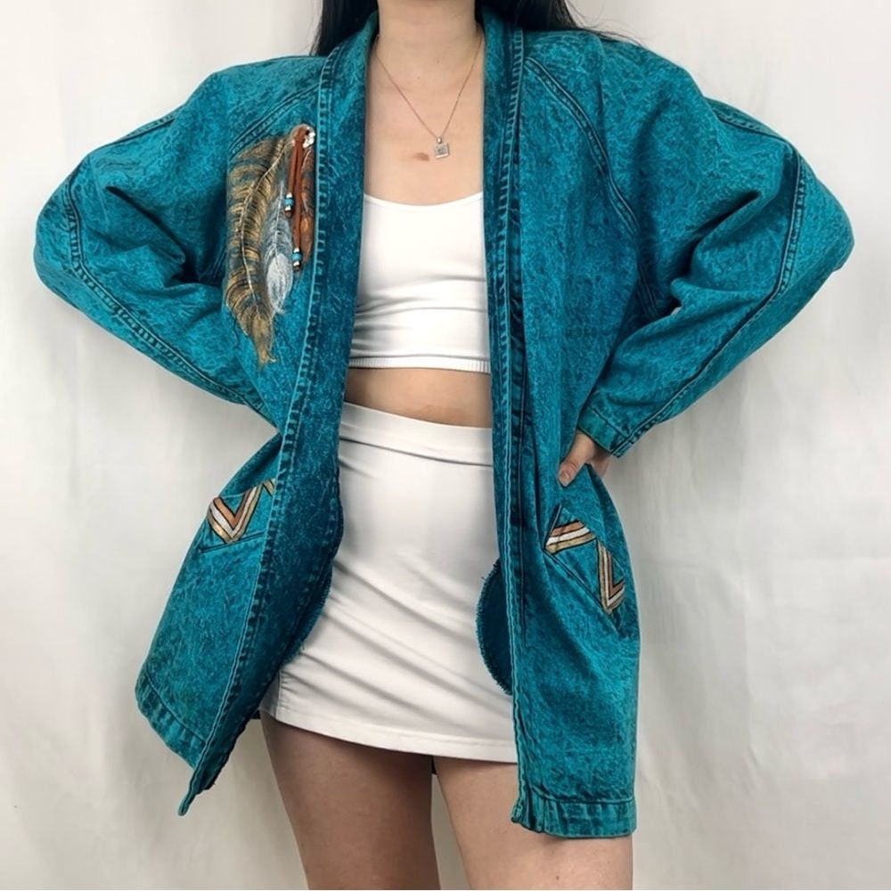 RARE Vintage Sundance Hand Painted Indigenous Tribal Denim Long Jacket ...