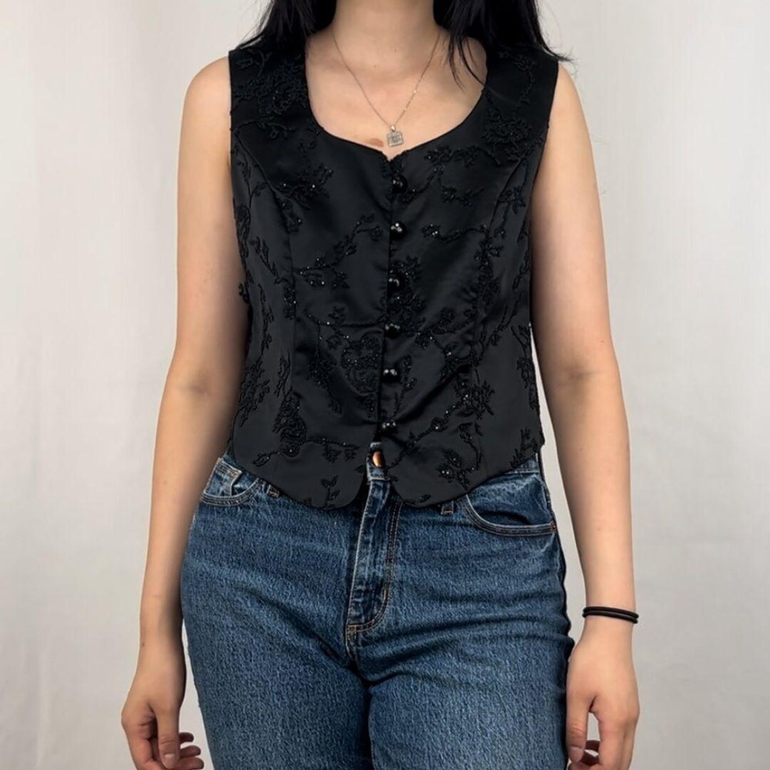 Vintage Gantos Satin Beaded Black Vest - Etsy