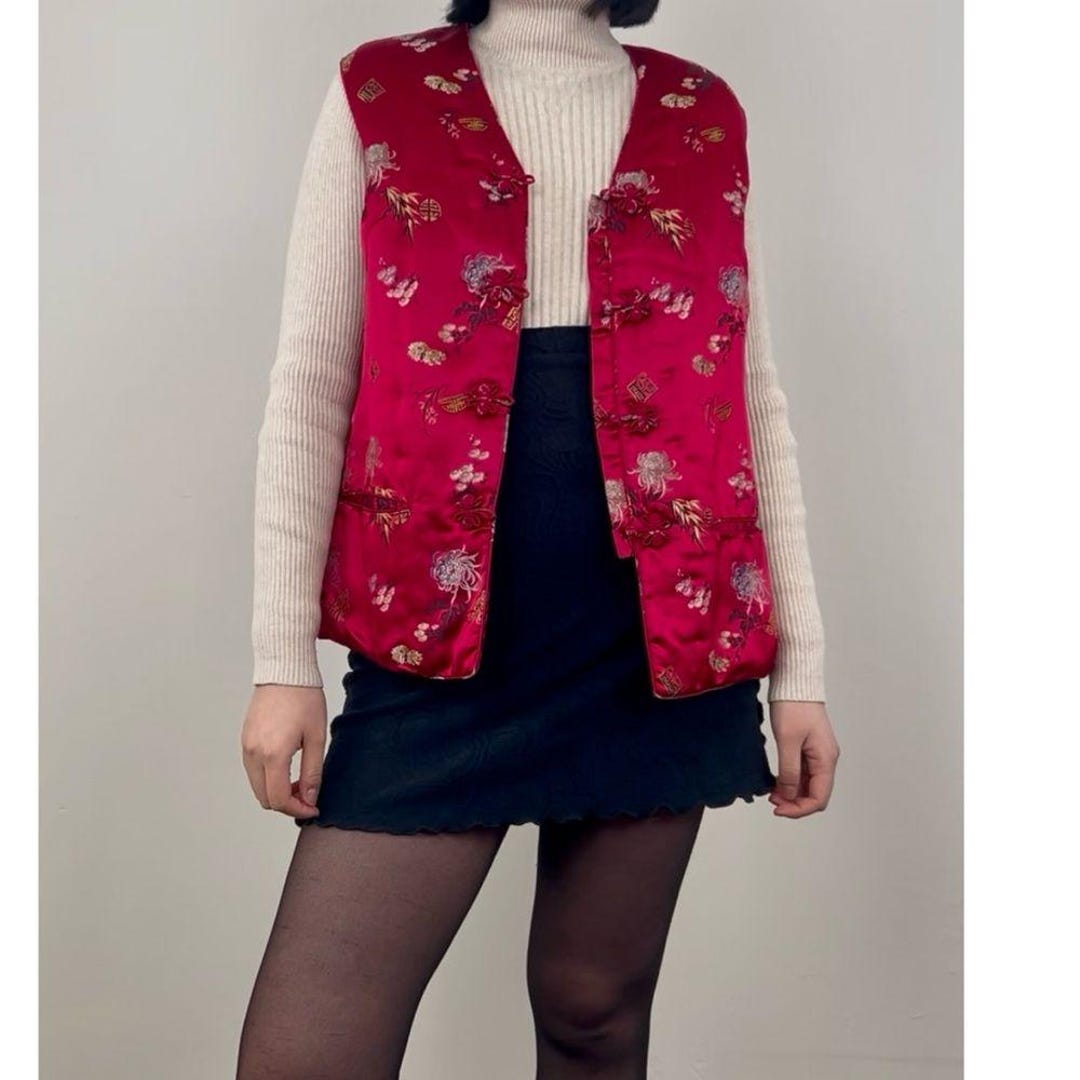 Vintage Asian Chinese Embroidered Floral Red Satin Quilted Vest - Etsy