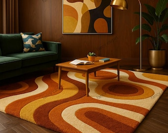 Retro Mid Century Shag Rug – 70s Geometric Orange Yellow Area Carpet ...