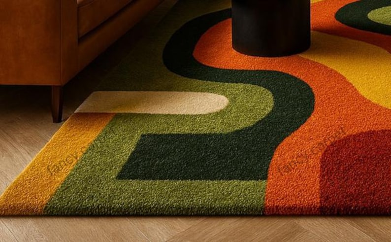 Retro Mid Century Shag Rug – 70s Geometric Orange Yellow Area Carpet ...