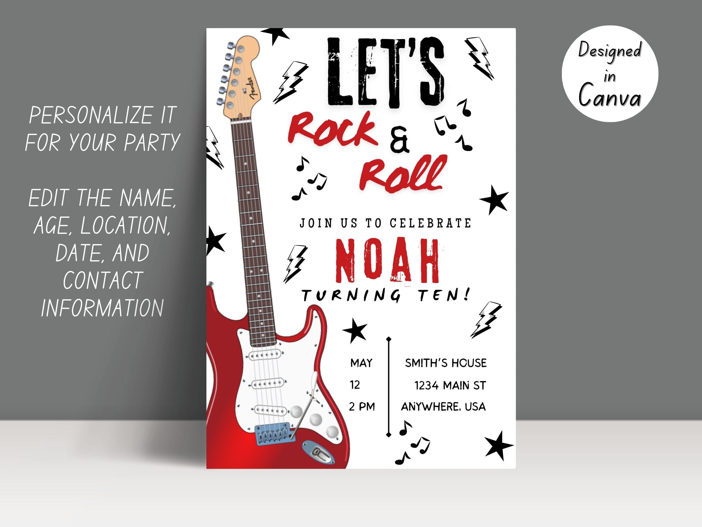 Rock and Roll Birthday Invitation Template, Editable Guitar Invite ...