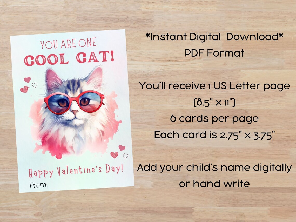 Printable Cat Valentines Day Cards for Kids, Kitty Classroom Valentines ...