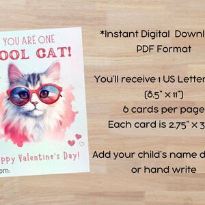 Printable Cat Valentines Day Cards for Kids, Kitty Classroom Valentines ...