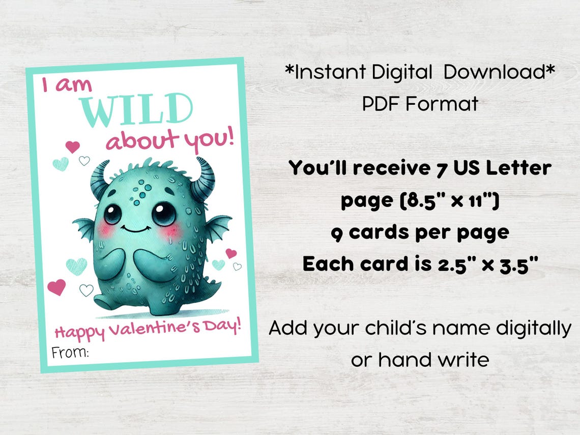 Printable Monster Valentines Day Card for Kids, Monster Kid School ...