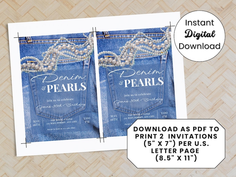 Editable Denim and Pearls Birthday Invitation, Digital Blue Jeans Theme ...