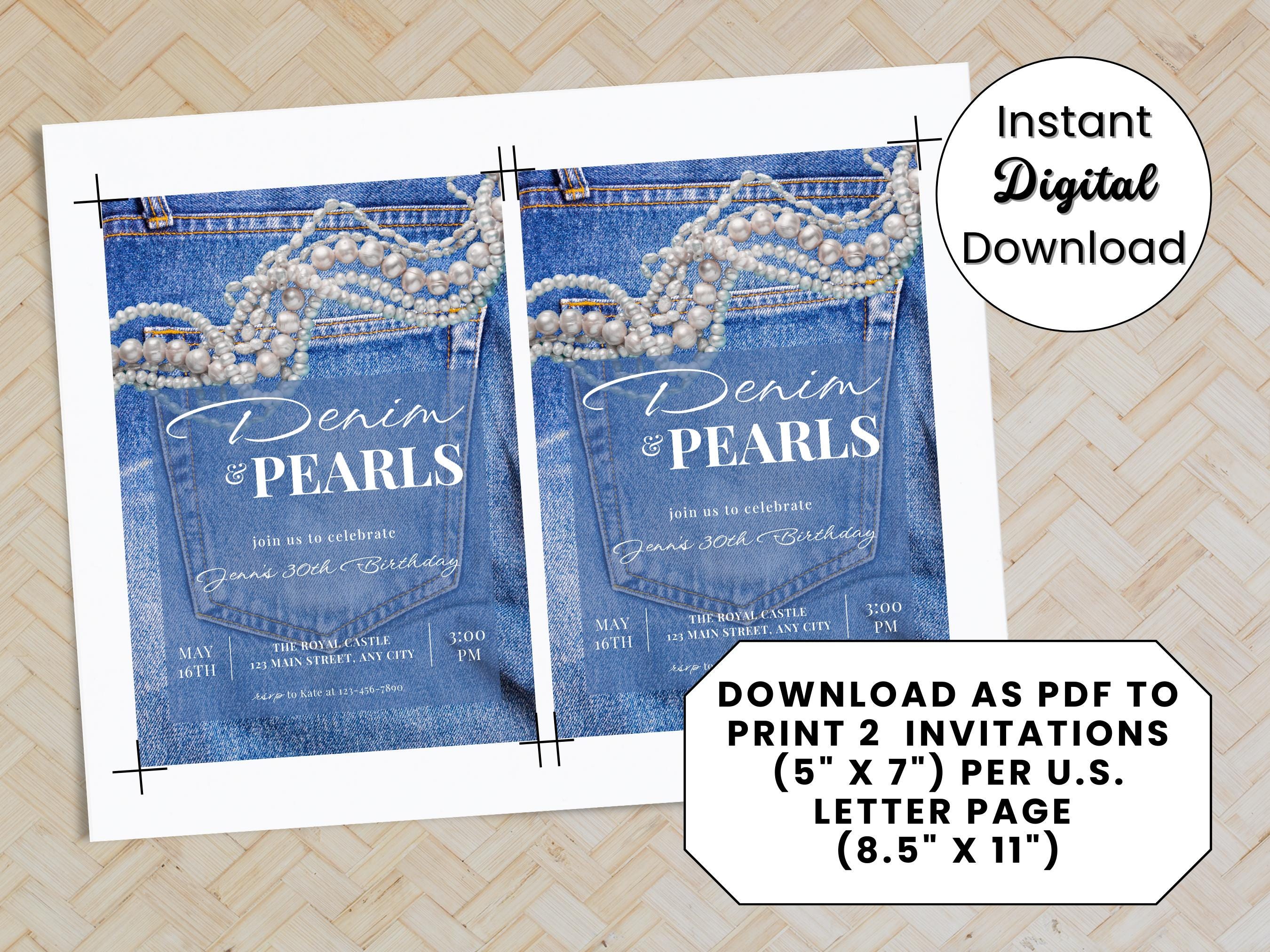 Editable Denim and Pearls Birthday Invitation, Digital Blue Jeans Theme ...