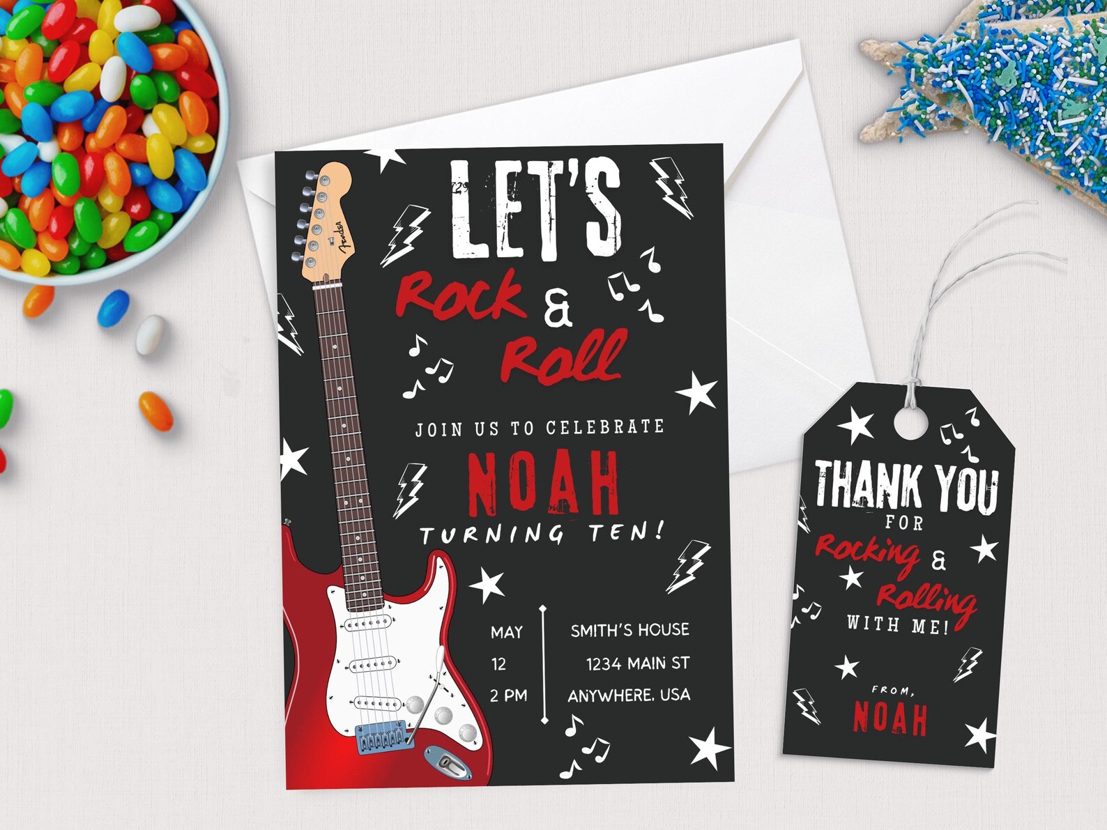 Digital Rock and Roll Birthday Invitation Template, Editable Guitar ...