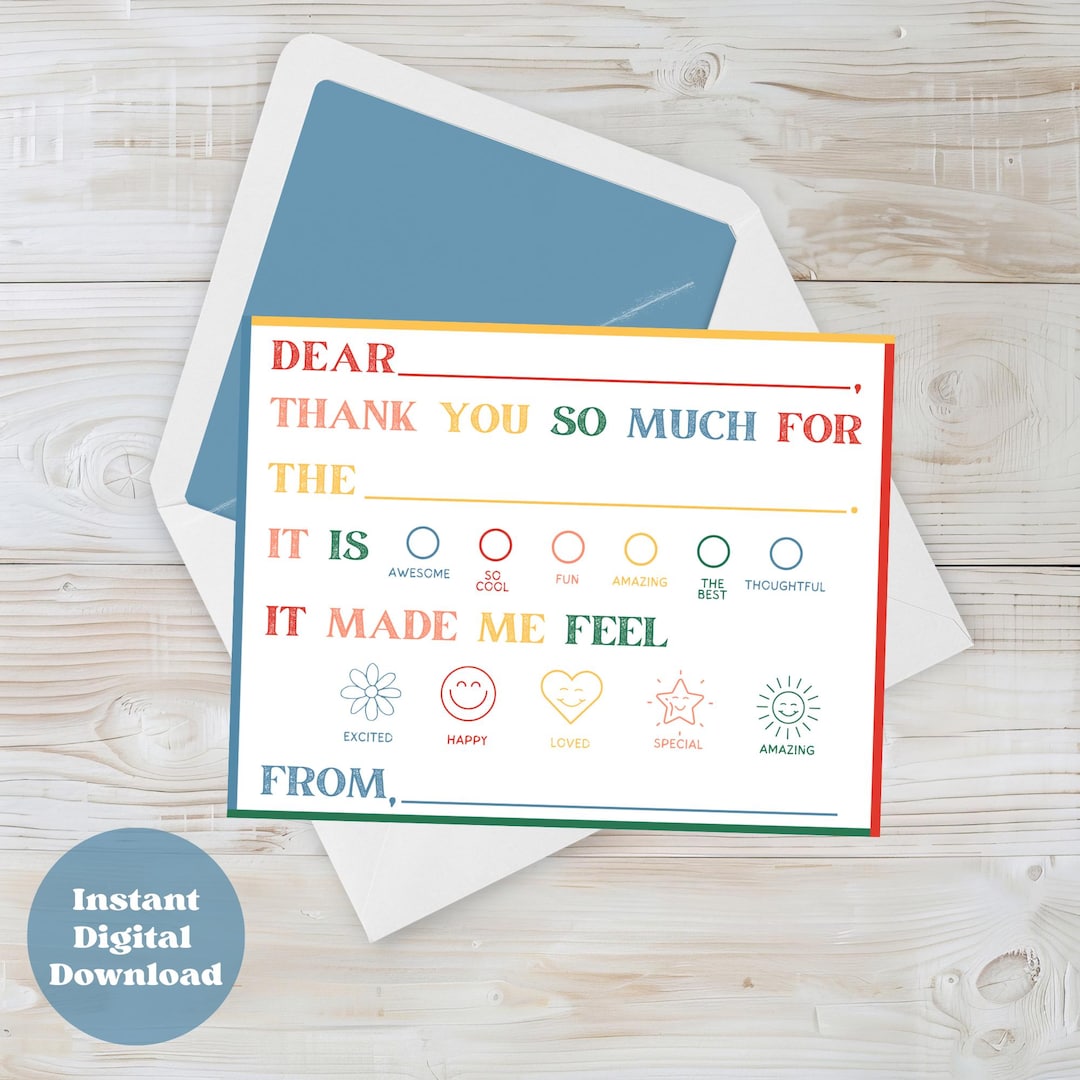 Printable Kids Fill-in-the-blank Thank You Cards Emotion-filled Notes ...