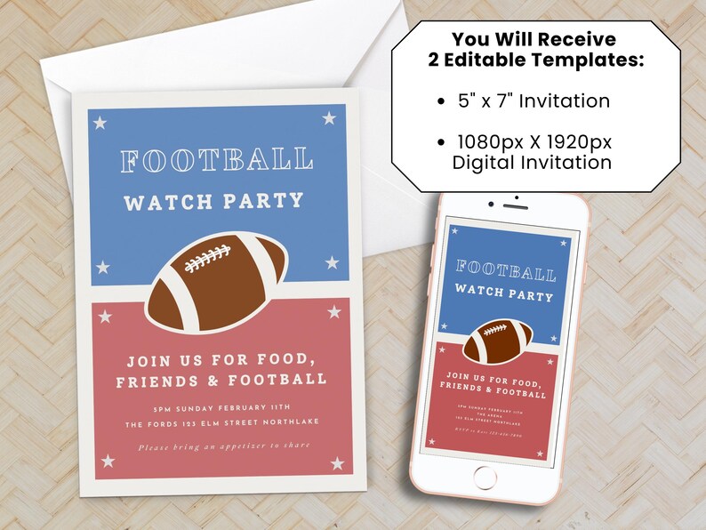 Football Watch Party Invitation Editable Game Day Bowl Invite Template ...