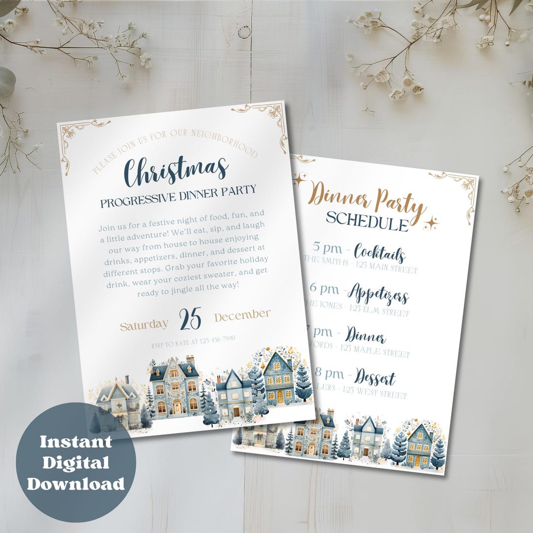 Editable Holiday Progressive Dinner Invitation Elegant Christmas ...