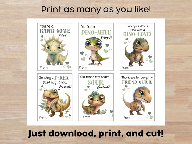 Printable Dinosaur Valentines Day Cards for Kids, Dinosaur Classroom ...