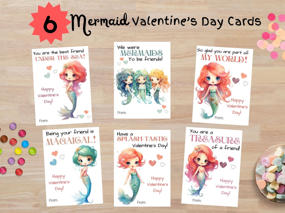 Printable Mermaid Valentines Day Cards for Kids, Mermaid Classroom ...