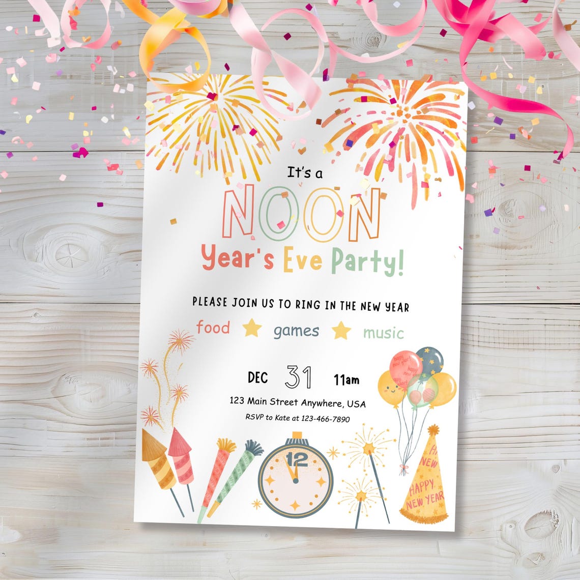 Editable Noon Years Eve Party Invitation Kids New Years Eve Family ...