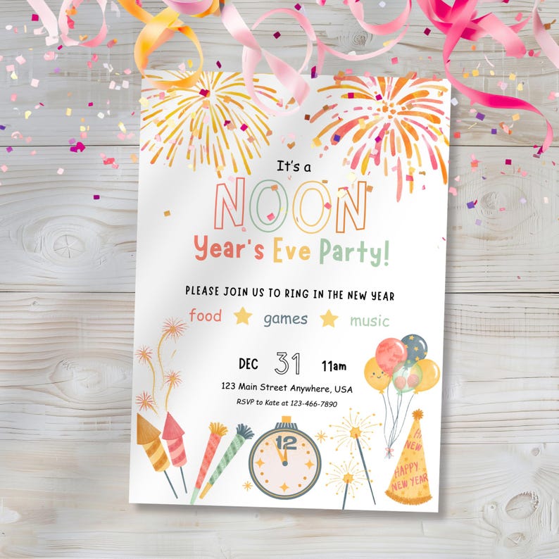Editable Noon Years Eve Party Invitation Kids New Years Eve Family ...