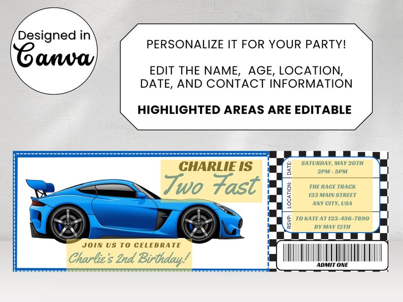 Editable Race Car Birthday Ticket Invitation, Kid Racing Party Ticket ...