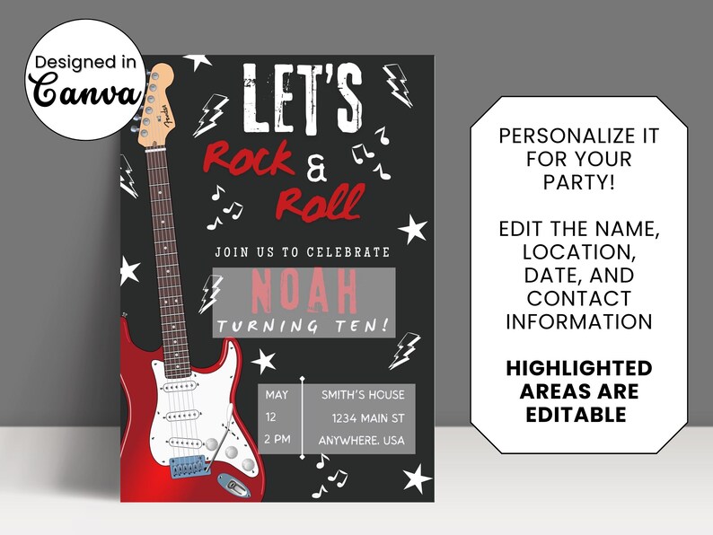 Rock and Roll Birthday Invitation: Guitar Rockstar Theme (digital ...