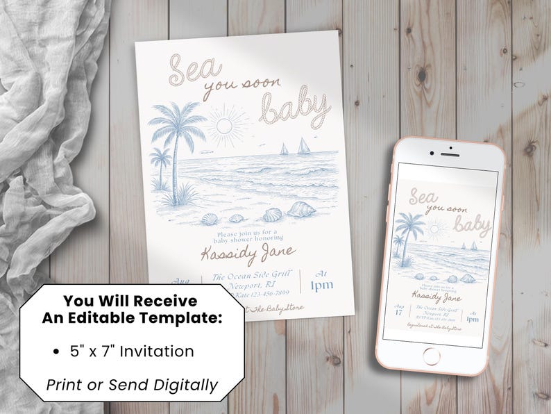 Editable Sea You Soon Baby Shower Invitation, Seashell Sprinkle Themed ...