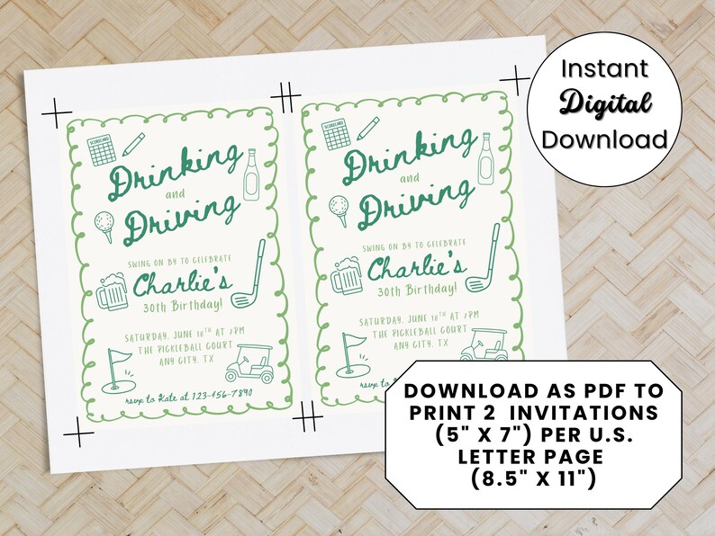 Editable Doodle Golf Birthday Invitation Hand Drawn Driving Range ...