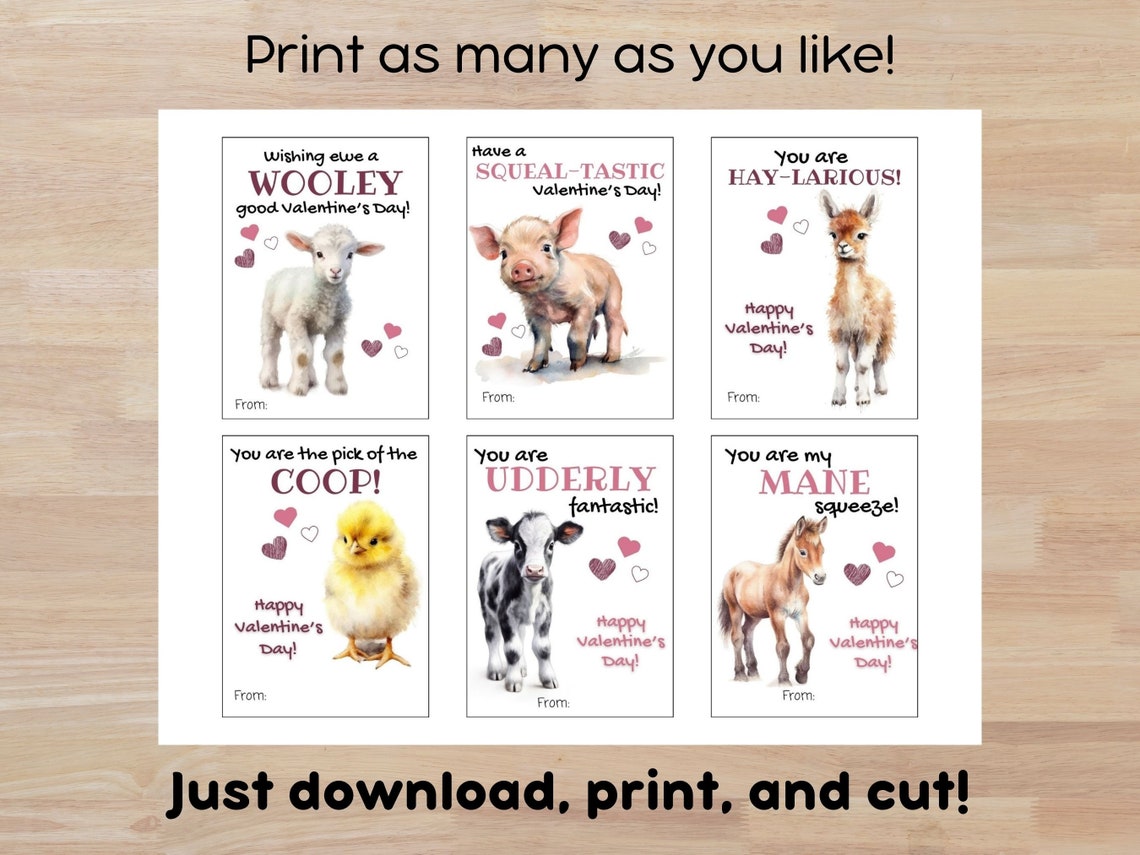 Printable Farm Animal Valentines Day Cards for Kids, Farm Classroom ...