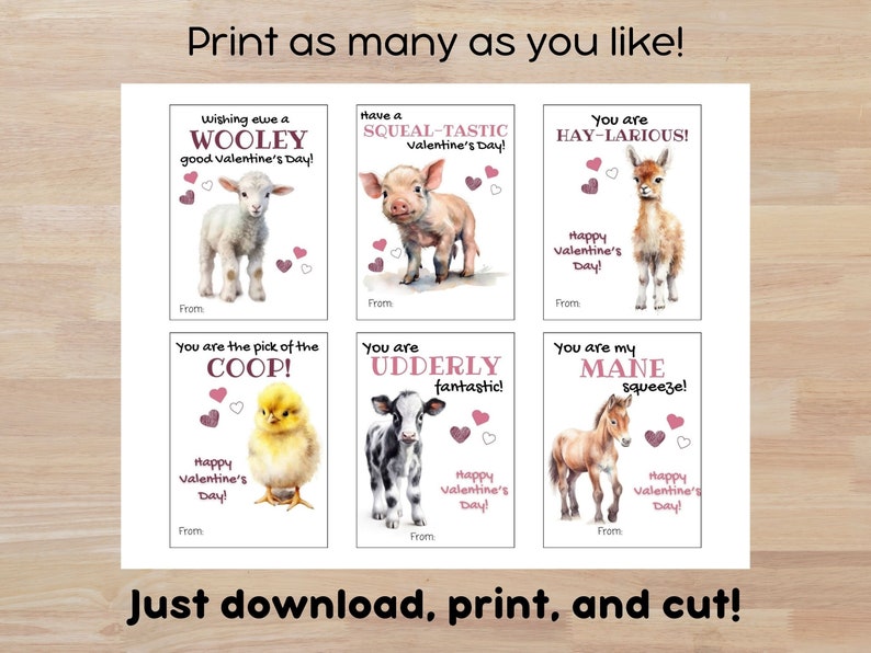 Printable Farm Animal Valentines Day Cards for Kids, Farm Classroom ...