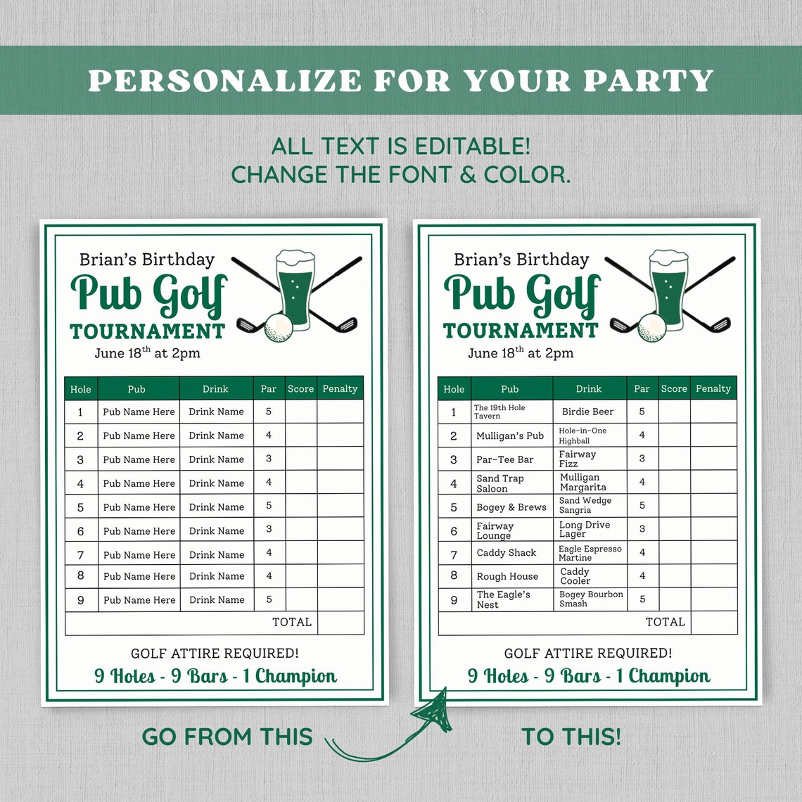 Editable Pub Golf Birthday Invitation and Score Card Golfing Bar Crawl ...