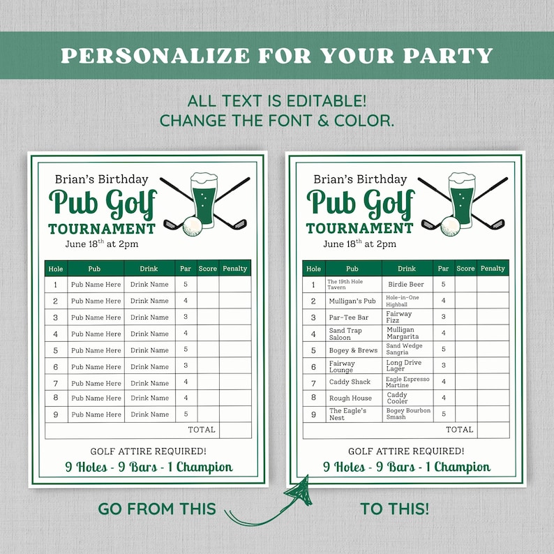 Editable Pub Golf Birthday Invitation and Score Card Golfing Bar Crawl ...