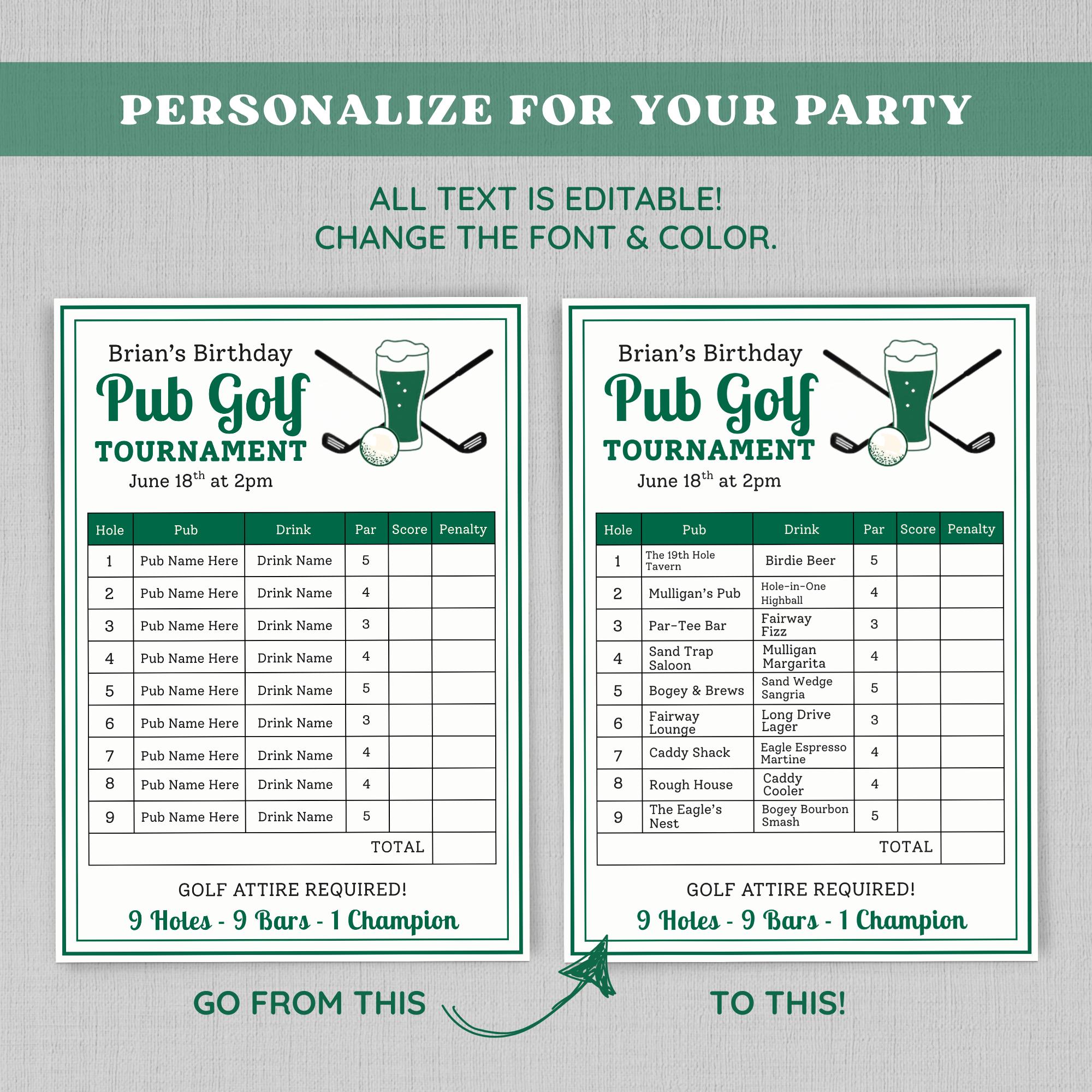 Editable Pub Golf Birthday Invitation and Score Card Golfing Bar Crawl ...