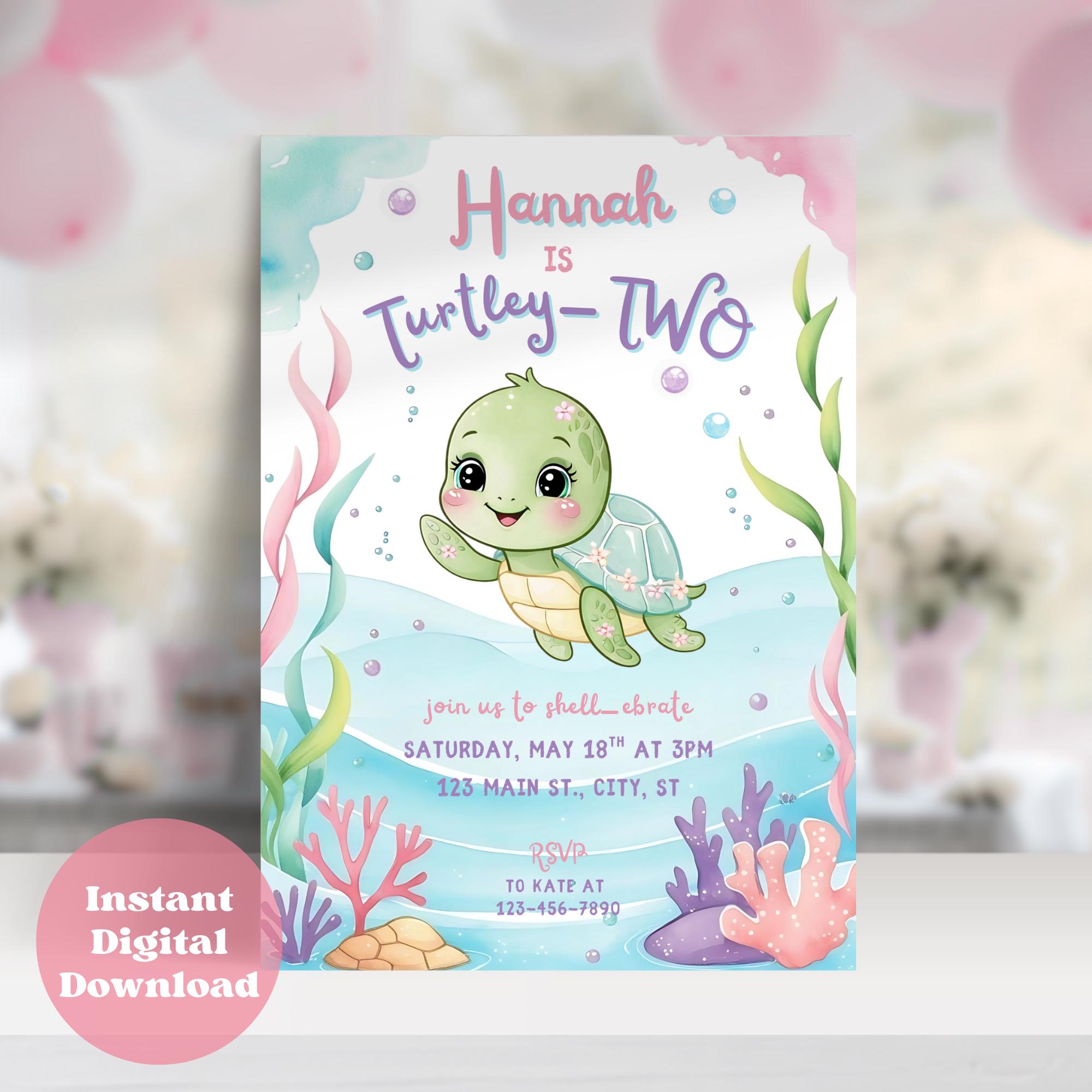 Editable Turtle Birthday Invitation Turtley Awesome Two Party Invite ...